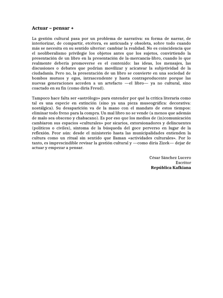 Actuar - Pensar + - César Sánchez Lucero | PDF