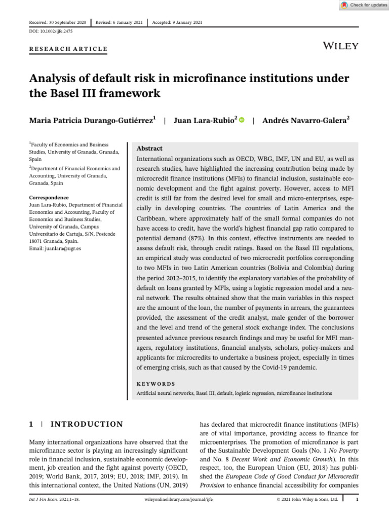 Int J Fin Econ 2021 DurangoGuti Rrez Analysis of Default Risk in Microfinance Institutions Under ...