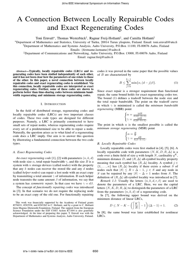 A Connection Between Locally Repairable Codes and Exact Regenerating Codes - Ernvall Et Al ...