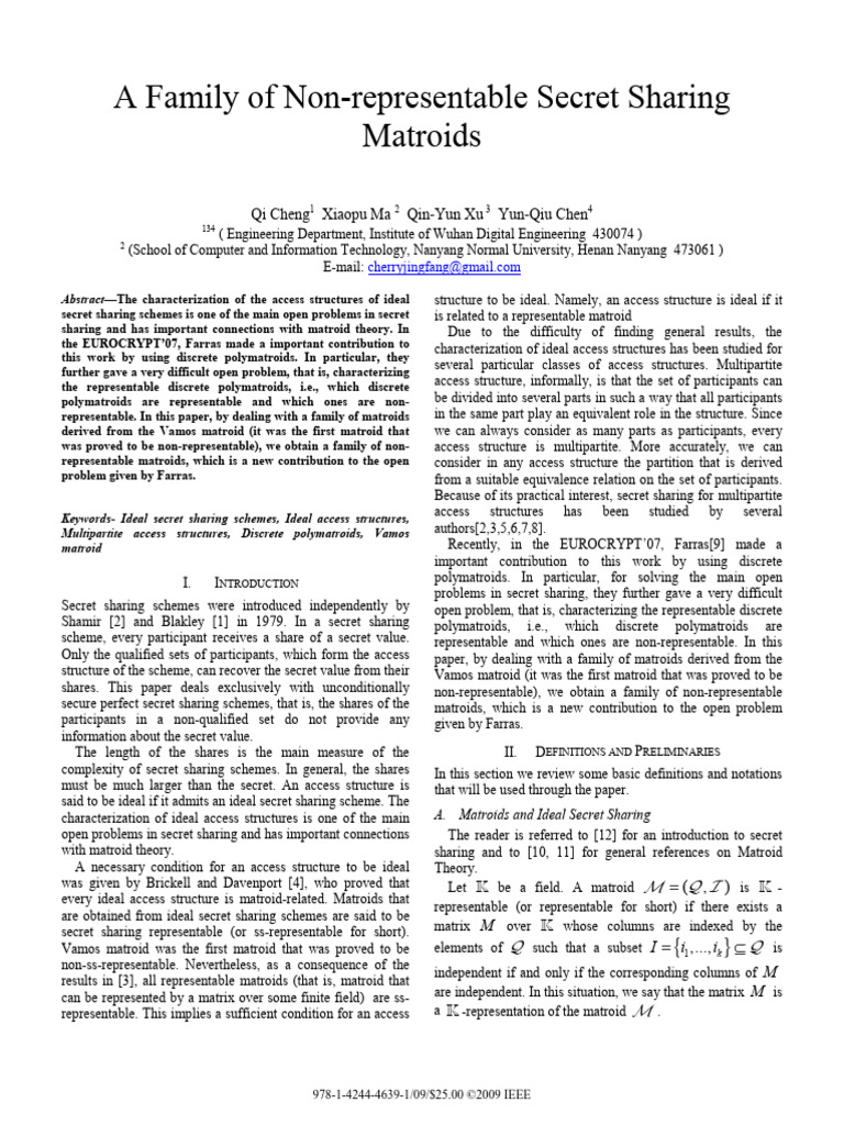 A Family of Non-Representable Secret Sharing Matroids - Cheng Et Al. - 2009 | PDF | Field ...