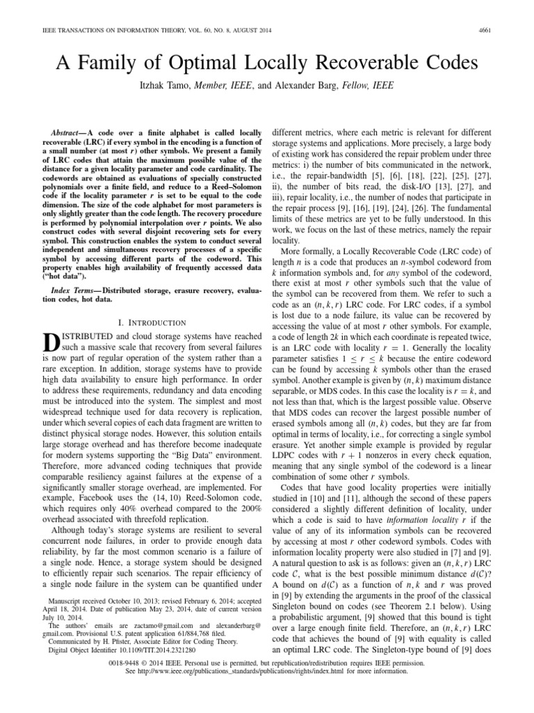 A Family of Optimal Locally Recoverable Codes - Tamo, Barg - 2014 | PDF | Code | Polynomial