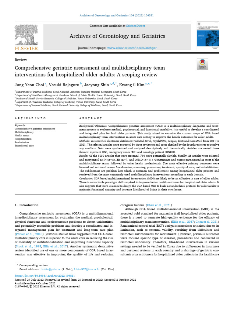 Jung Yeon Choi Comprehensive Geriatric Assessment and | PDF | Geriatrics | Health Care