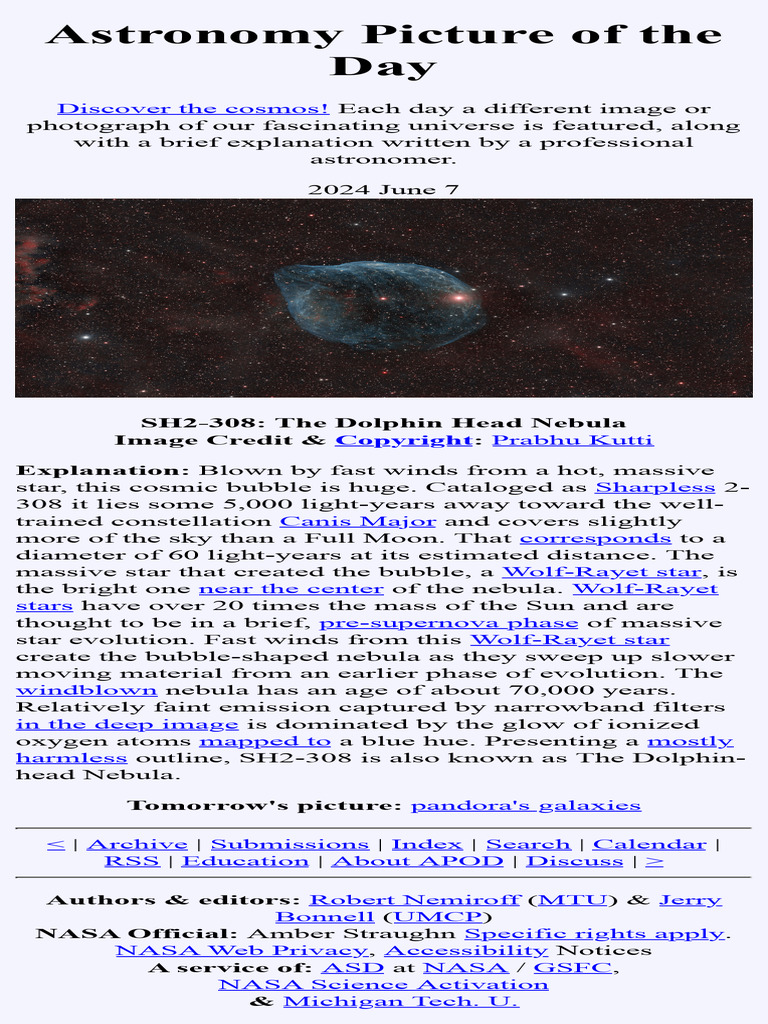 APOD 2024 June 7 - Sharpless 308 The Dolphin Head Nebula | PDF | Young ...