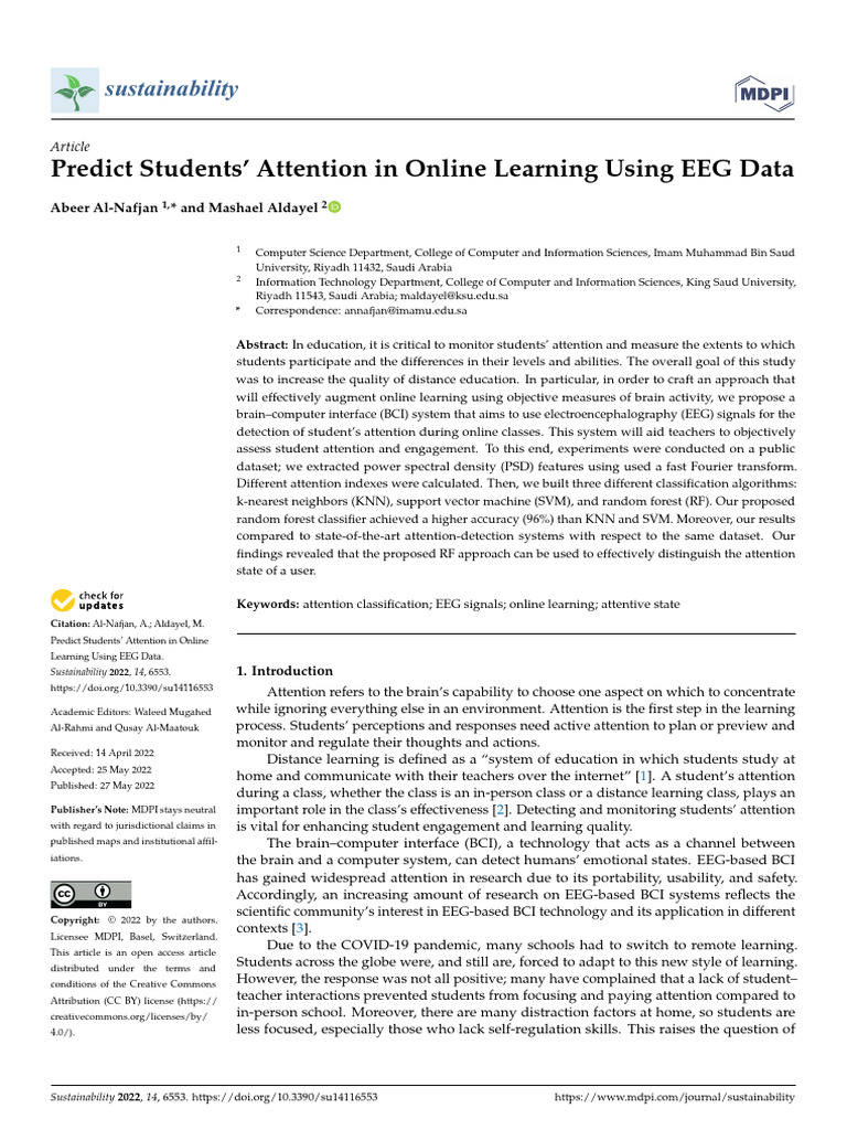 Predict Students Attention in Online Learning Using EEG DataSustainability Switzerland | PDF ...