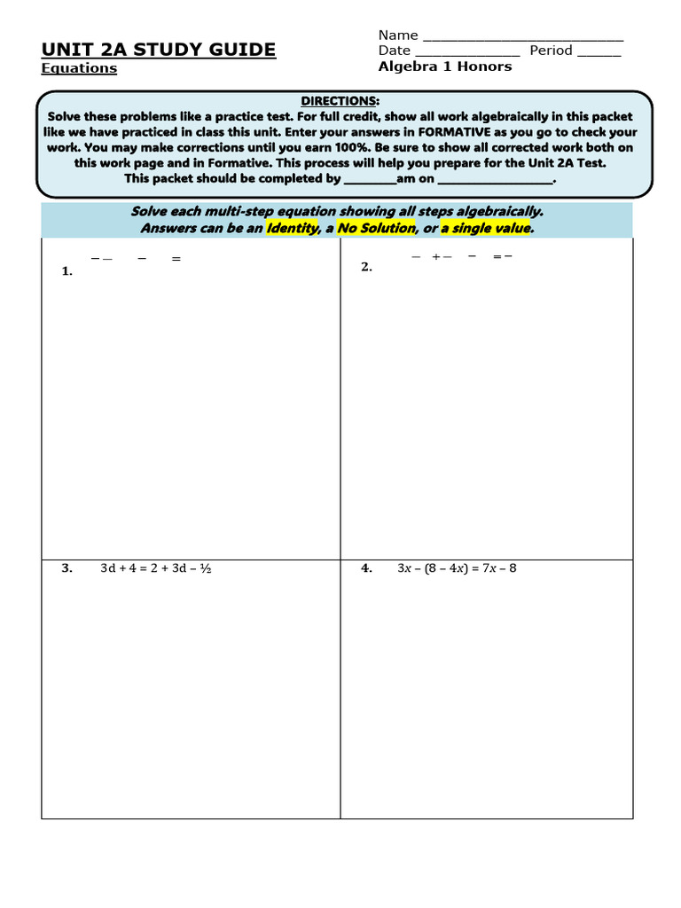 Unit 2A Equations Study Guide | PDF | Equations | Multiplication