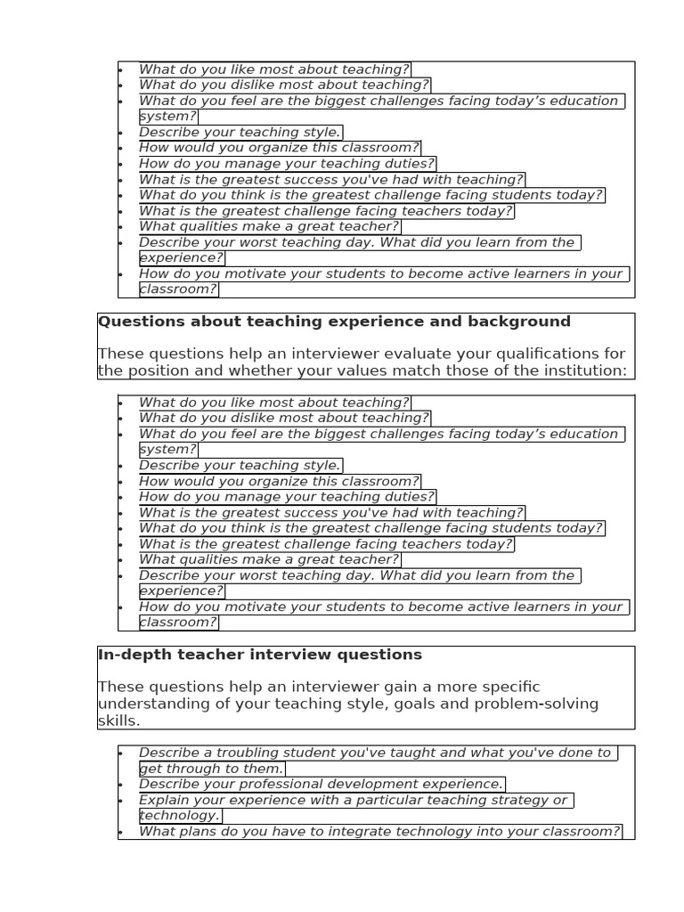 interviewing questions | PDF | Teachers | Learning
