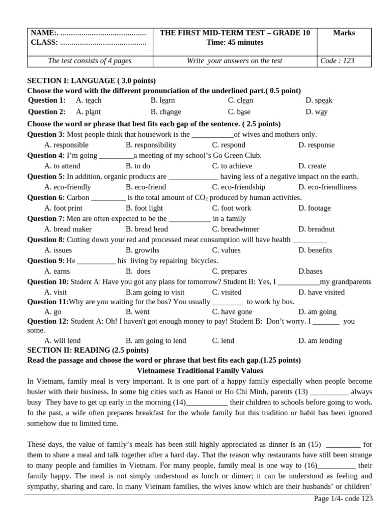 ĐỀ KTGK 1-LỚP 10-123 | PDF | Meal | Vietnam