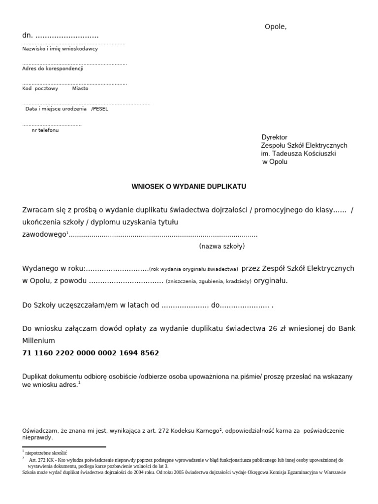 Wniosek o Wydanie Duplikatu Świadectwa | PDF