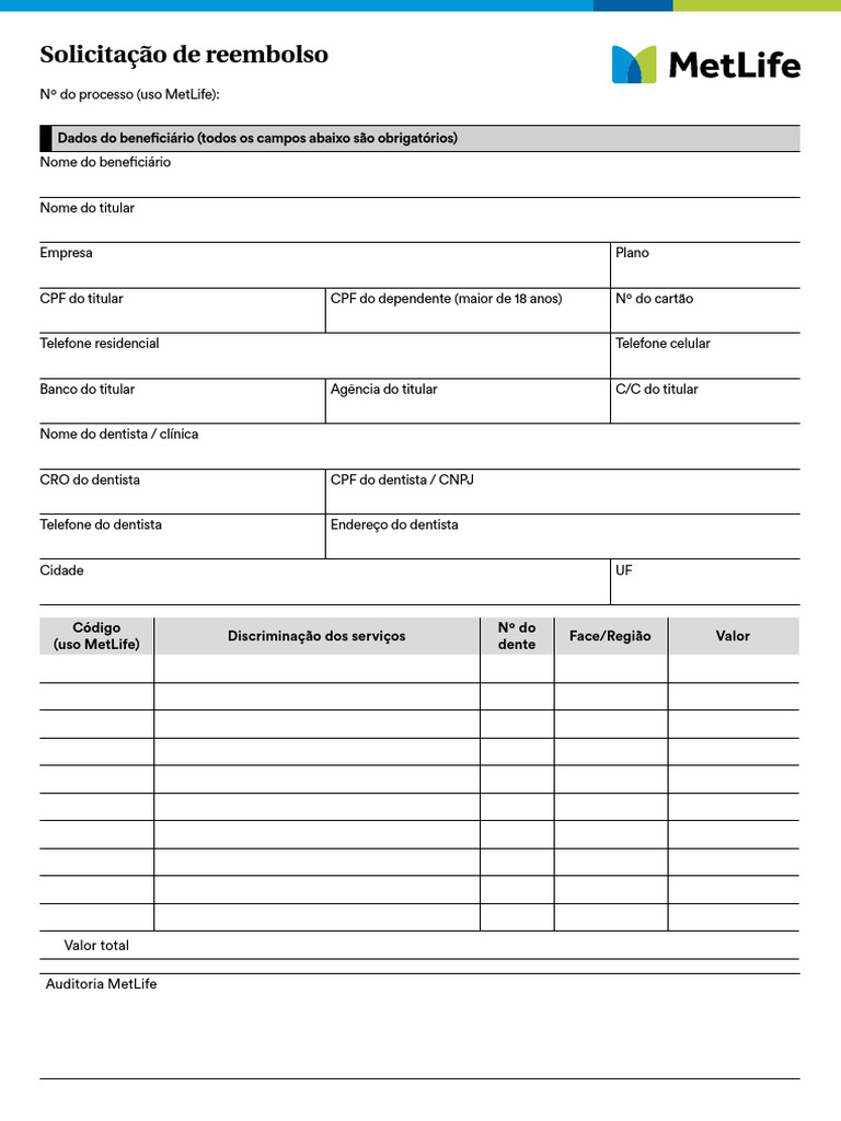 Formulário de Solicitação de Reembolso Editável | PDF | Odontologia ...