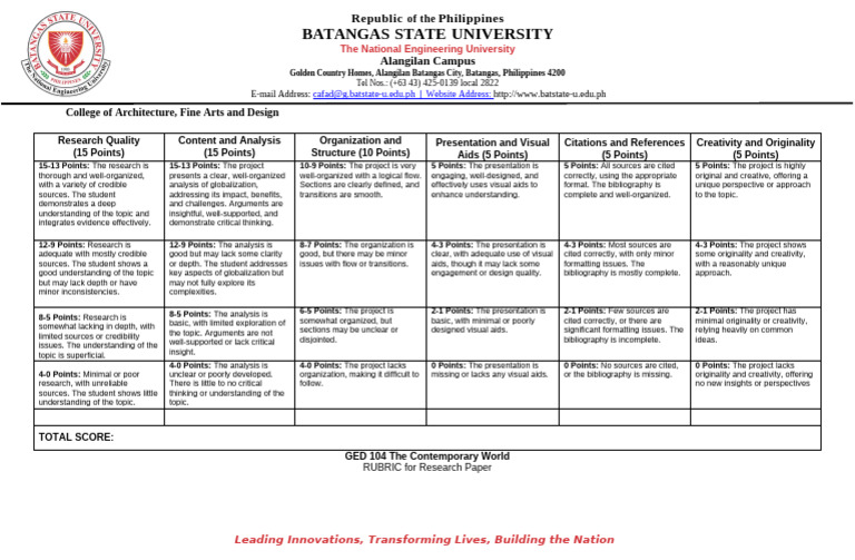 Ged 104 Rubric For Research Paper | PDF | Creativity | Critical Thinking