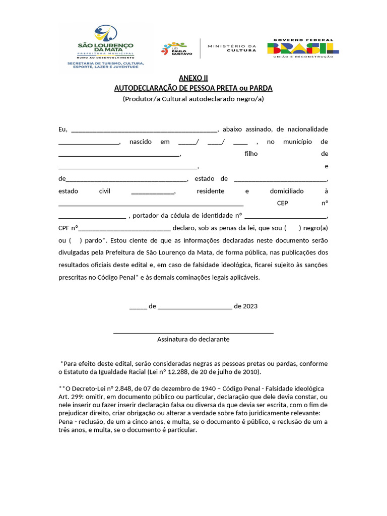 Autodeclaração de Pessoa Negra ou Parda | PDF