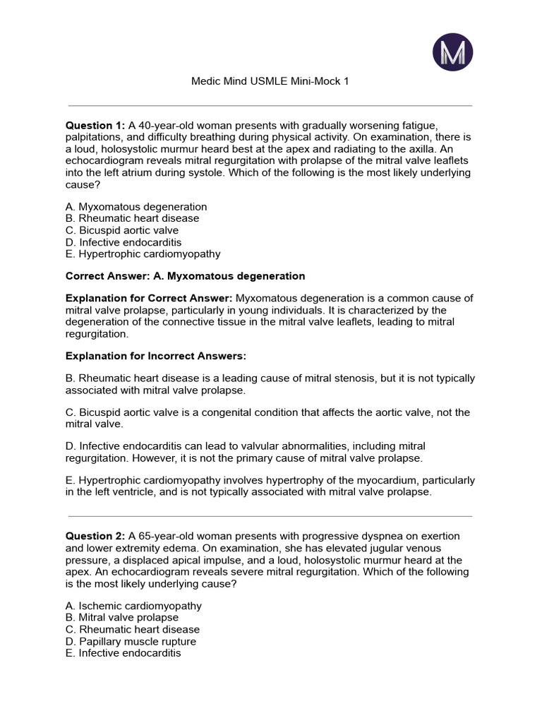 USMLE Mini-Mock: Cardiology & Embryology | PDF | Pneumonia ...