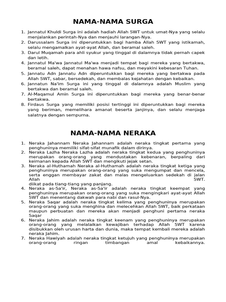 Nama-Nama Surga Dan Neraka | PDF
