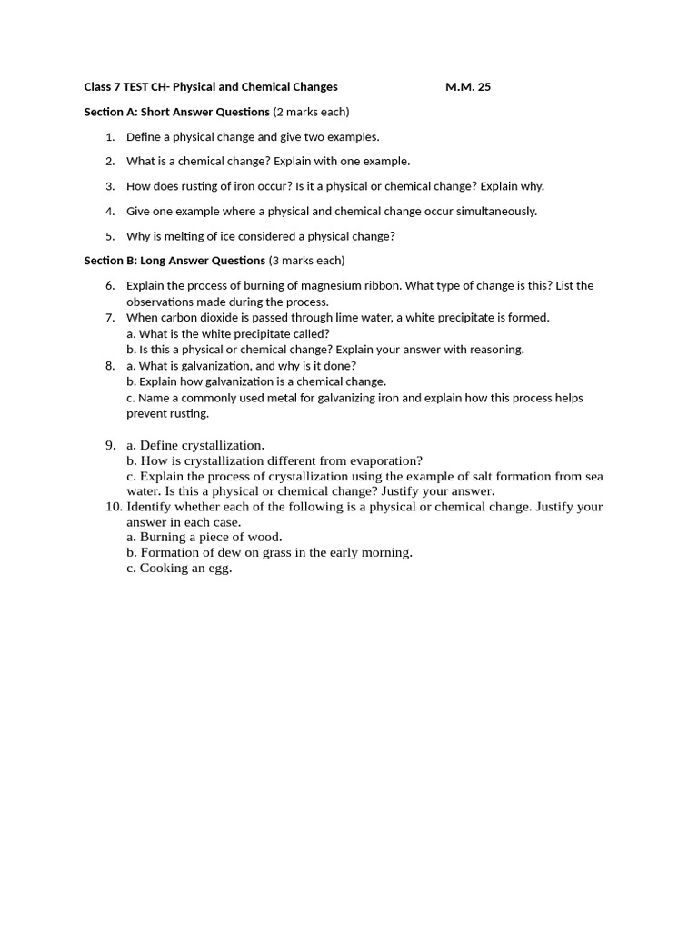 Class 7 Test CH - Physical and Chemical Changes | PDF