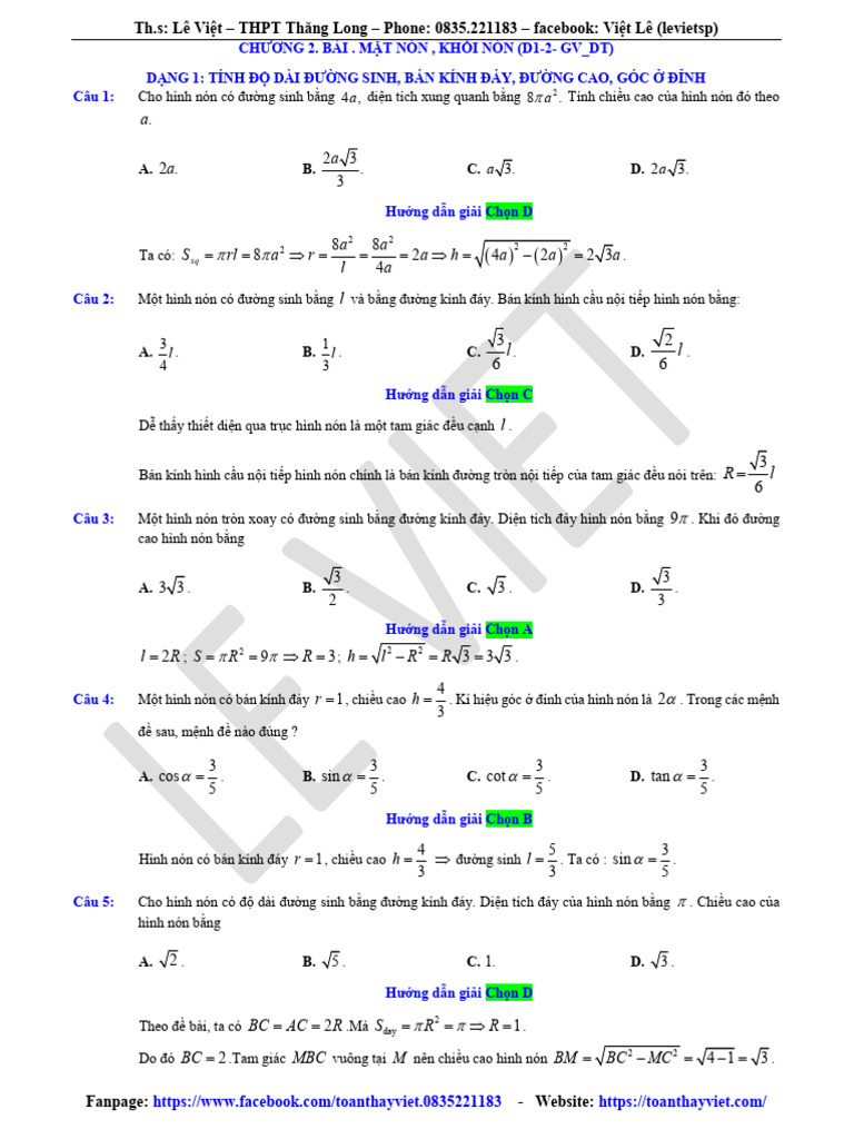 1.1 BT MẶT NÓN KHỐI NÓN D1-2 - GV | PDF