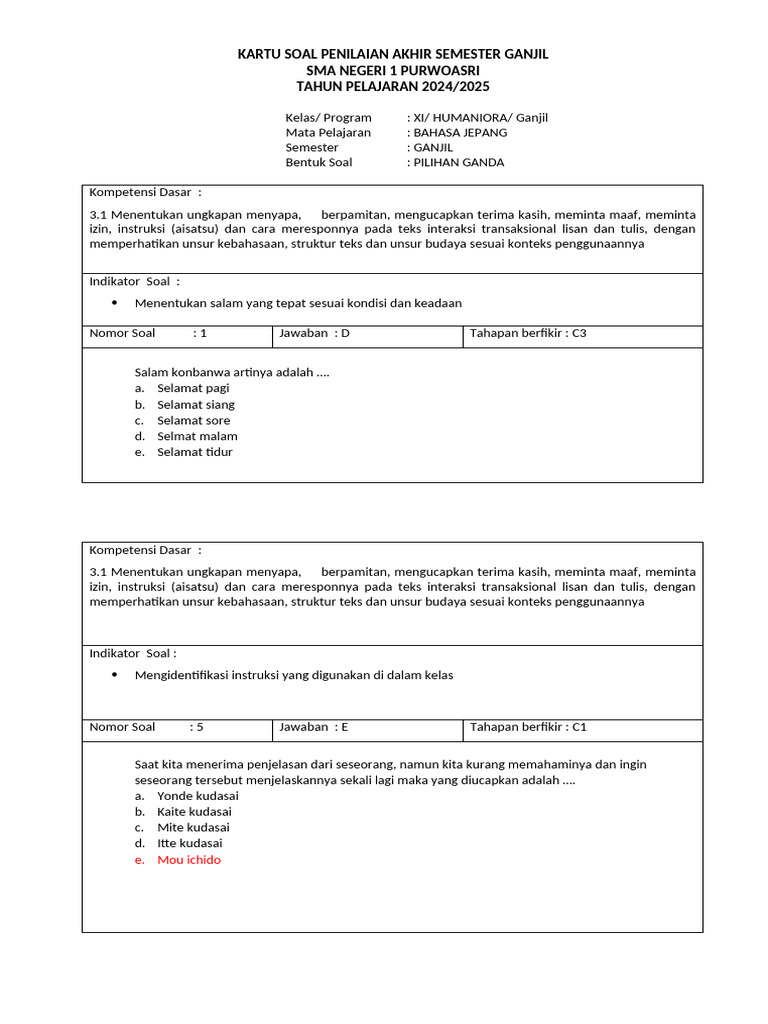 Kartu Soal Sas 2024 | PDF