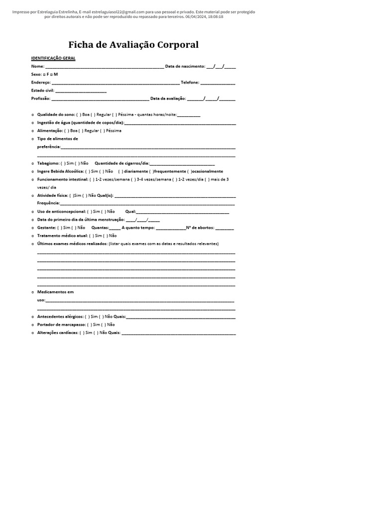 Ficha de Anamnese Corporal - Avaliação Corporal - Passei Direto | PDF