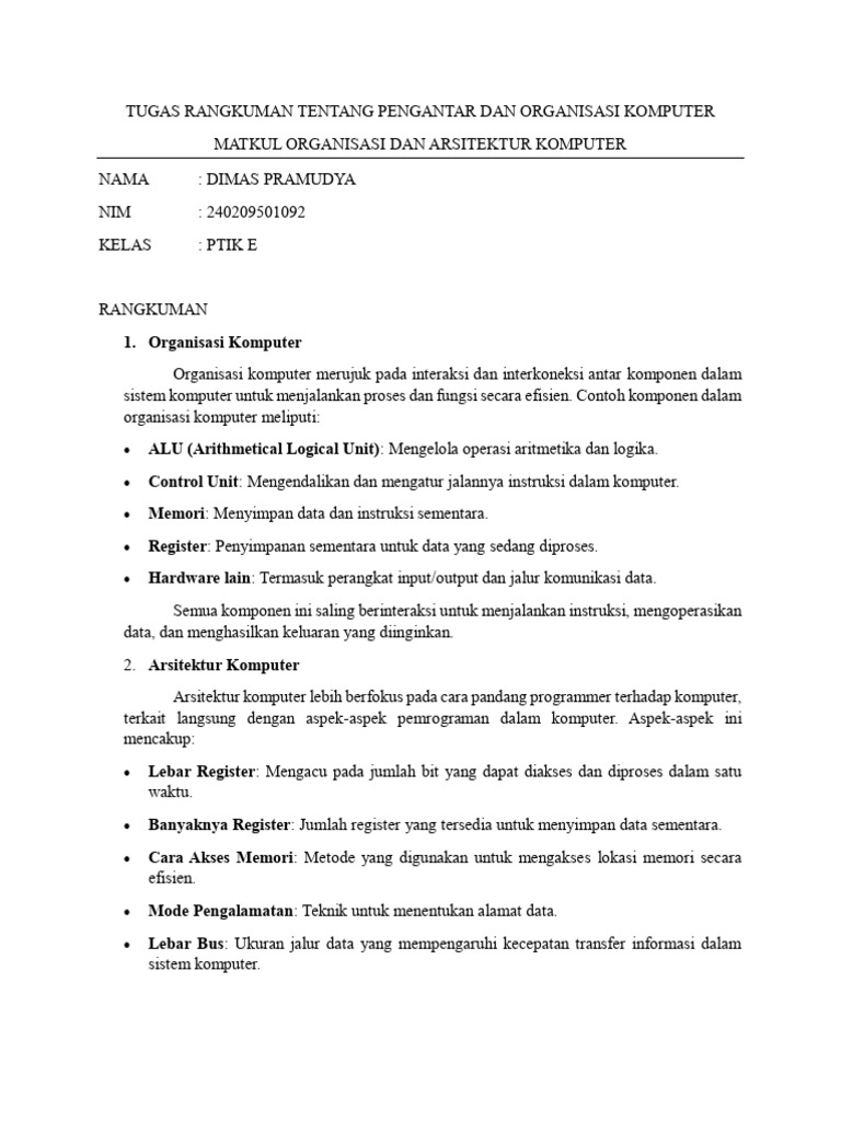 Tugas Rangkuman Tentang Pengantar Dan Organisasi Komputer | PDF