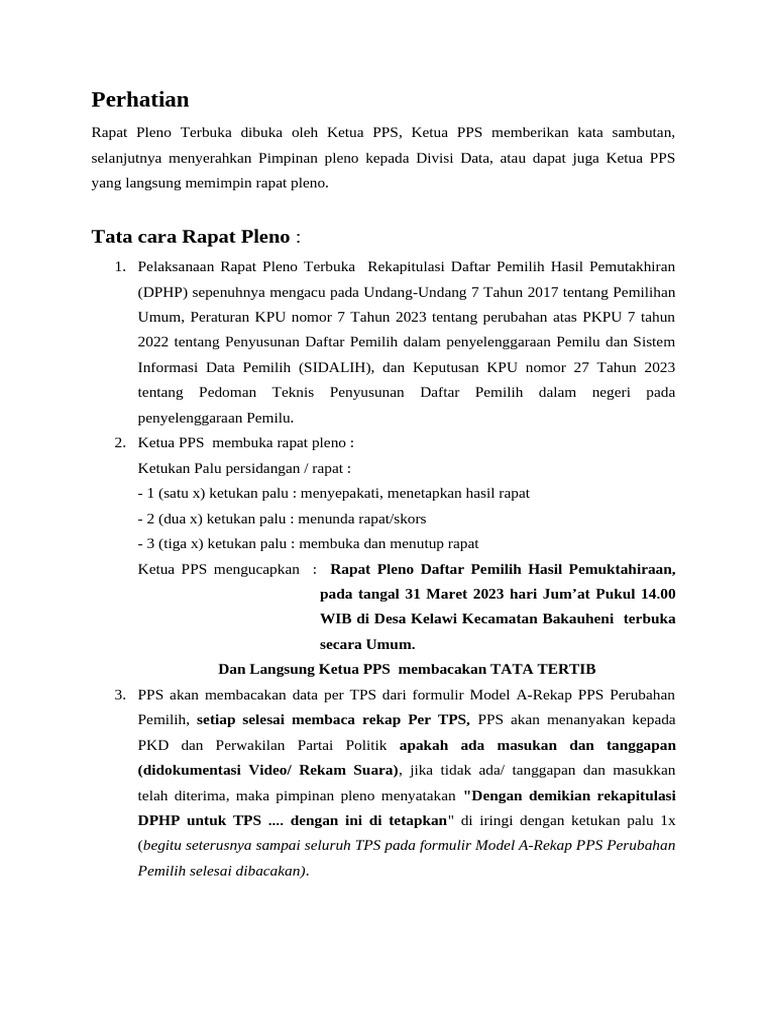Tata Cara Rapat Pleno DPHP Pemilu 2024 | PDF | Hukum