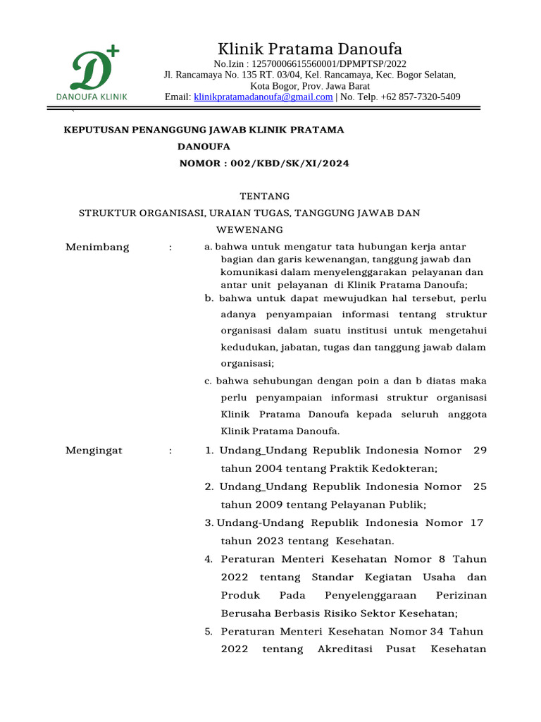 SK Struktur Organisasi LLJ Uraian Tugas LLJ Tanggung Jawab Dan Wewenang | PDF