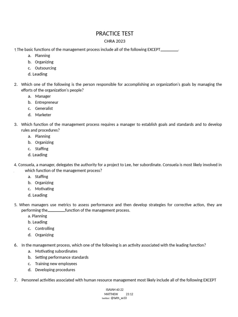 CHRA 2023 Management Practice Test | PDF | Human Resource Management ...