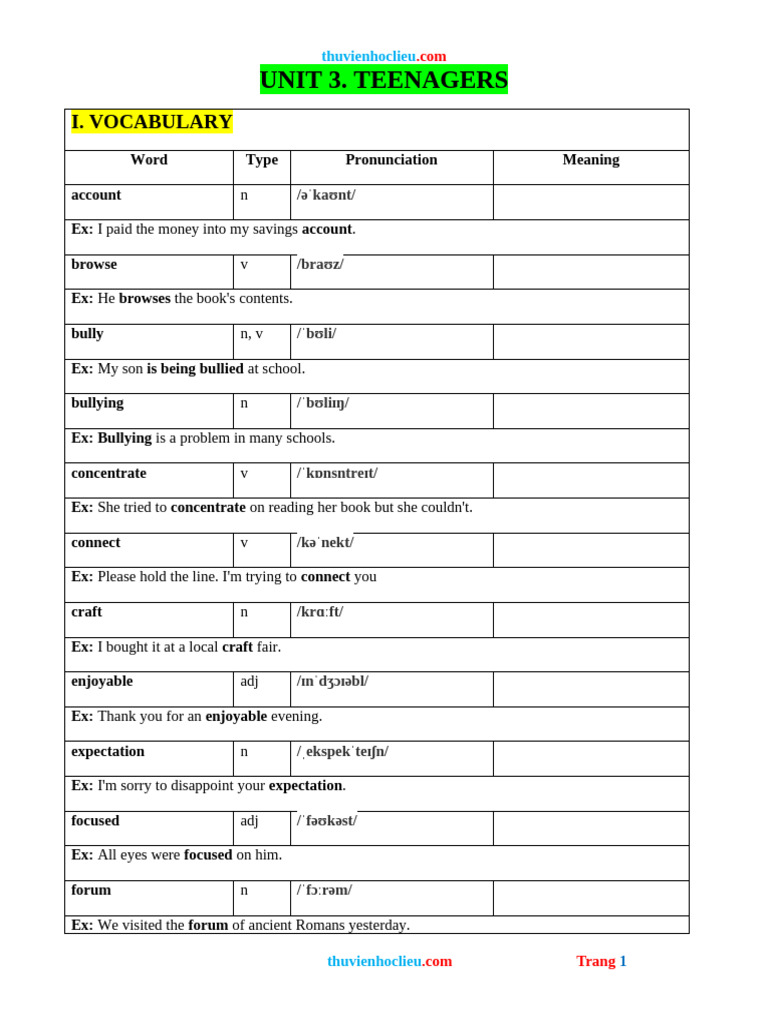 Bai Tap Chuyen Sau Anh 8 Global Unit 3 TEENAGERS | PDF