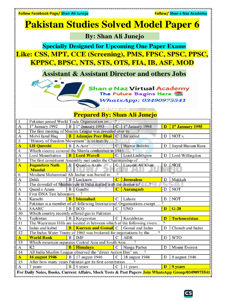 6th Pakistan Studies Solved Model Paper For CCE & All One Paper Exams ...