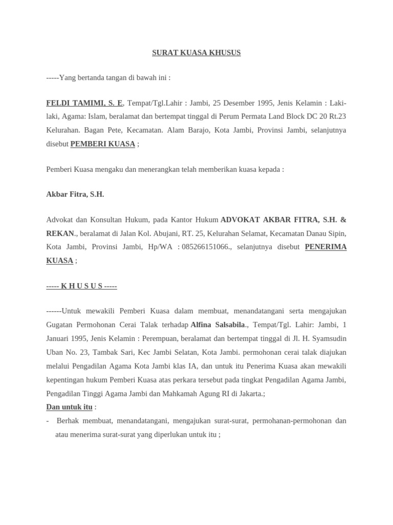 Surat Kuasa Khusus Pemohon Terbaru | PDF