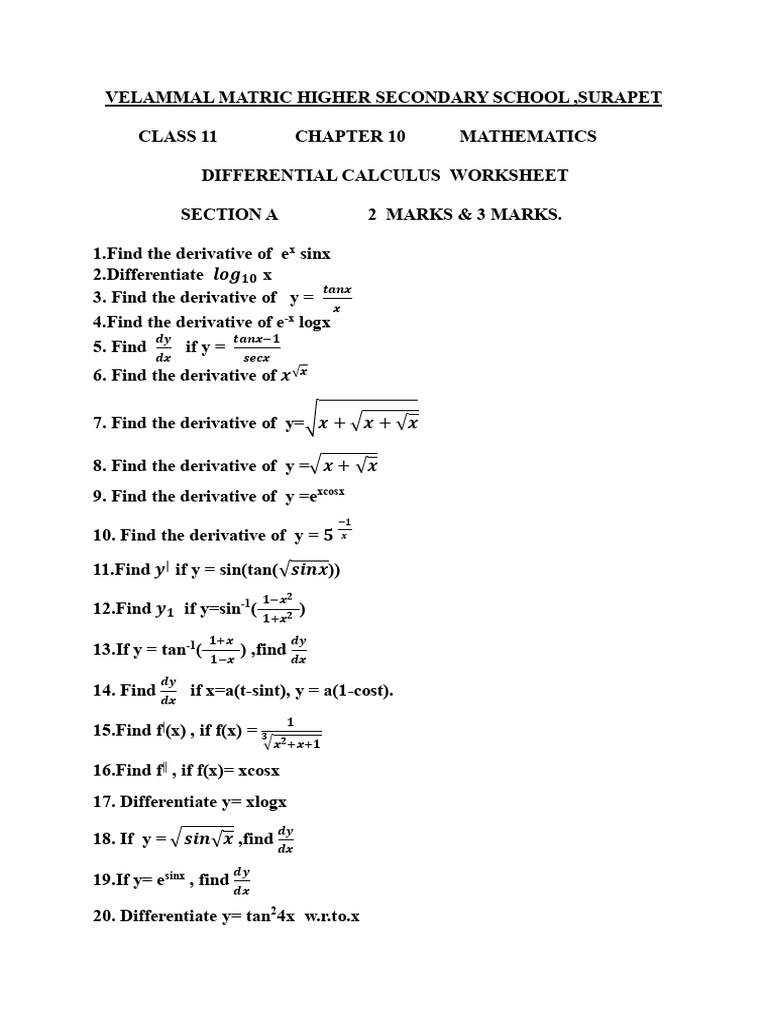 Class11.Chapter 10 Worksheet | PDF | Derivative | Mathematical Physics