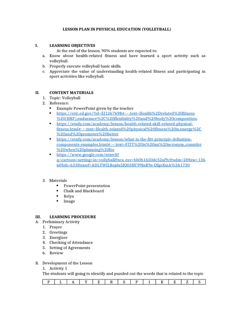 Lesson Plan in Volleyball | PDF | Physical Fitness | Volleyball
