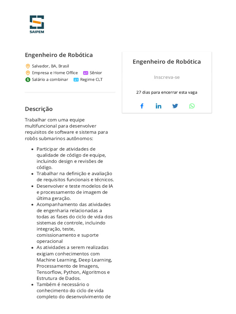 Processo Seletivo Saipem Robótica | PDF | Programas | Engenharia Processo Seletivo Saipem Robótica | PDF | Programas | Engenharia