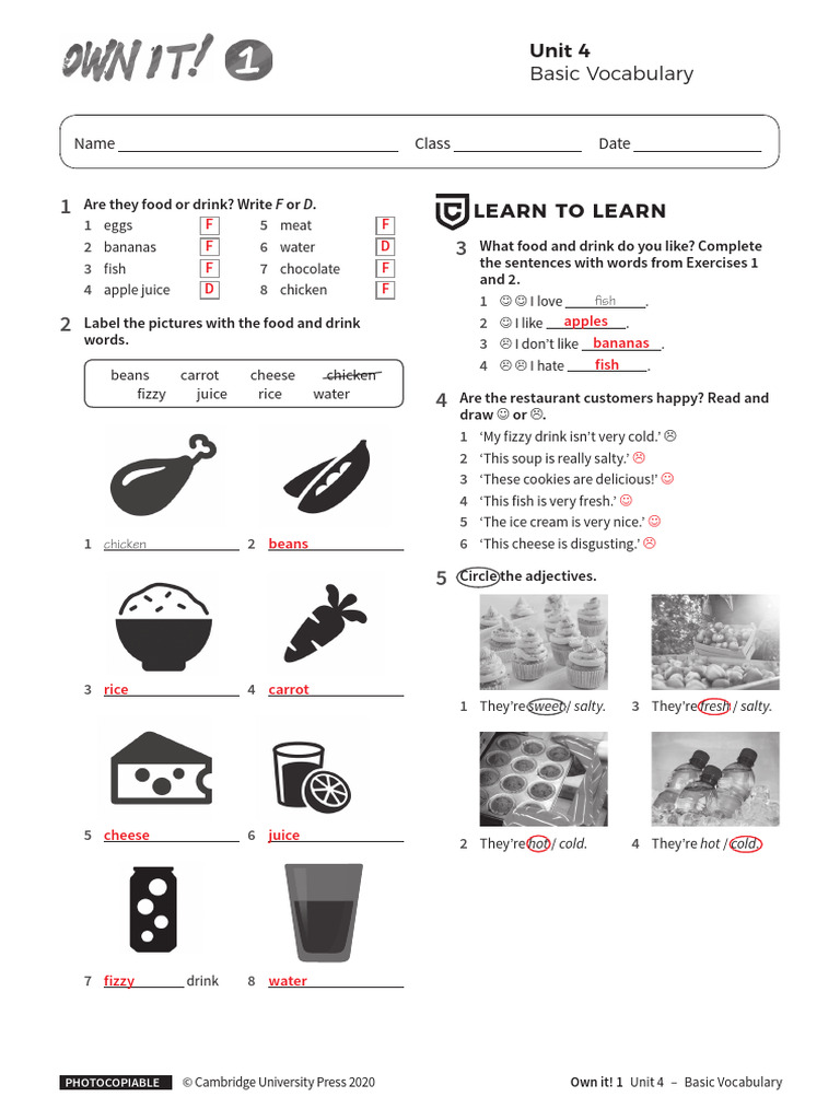 Vocabulary Basic Unit4 With Answers | PDF | Cuisine | Foods