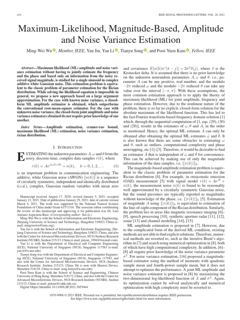Maximum-Likelihood Magnitude-Based Amplitude and Noise Variance Estimation | PDF | Estimator ...