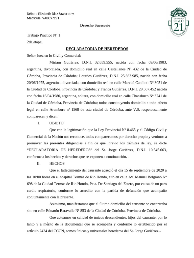 Trabajo Practico 1 - Declaratoria de Herederos | PDF | Gobierno | Argentina
