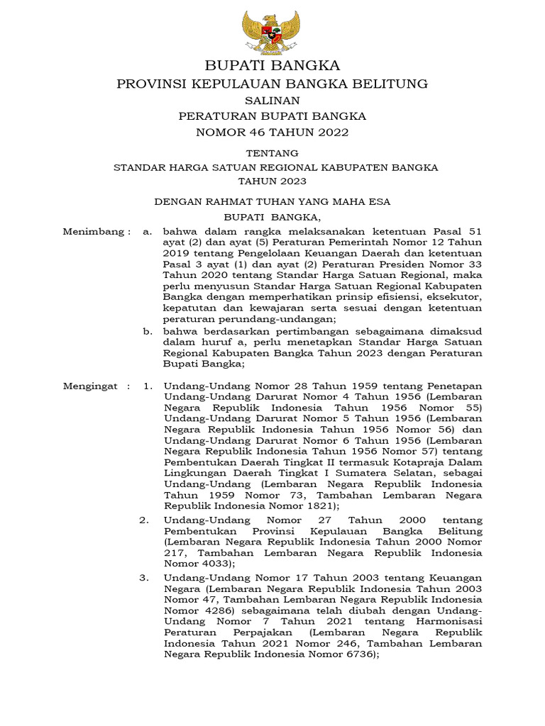 Salinan Perbup No. 46 Tahun 2022 TTG Standar Harga Satuan Regional TA 2023 | PDF | Pengelolaan ...
