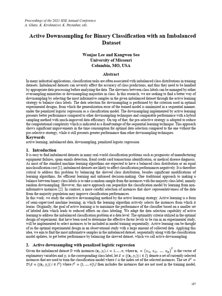 Active Downsampling For Binary Classification With An Imbalanced Dataset | PDF | Errors And ...