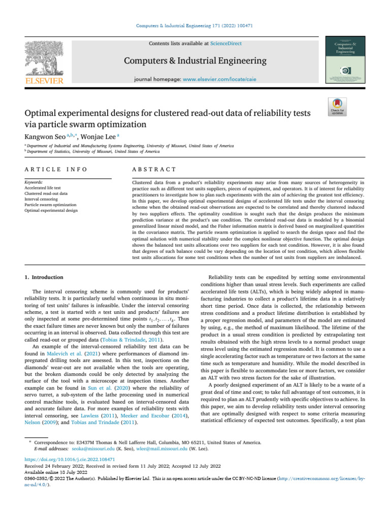Optimal Experimental Designs For Clustered Read Out Data Of Reliability Tests Via Particle Swarm