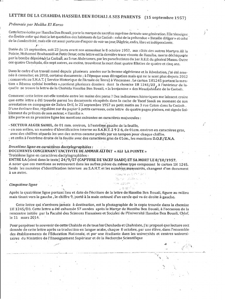 Commentaires Lettre de Hassiba Ben Bouali | PDF