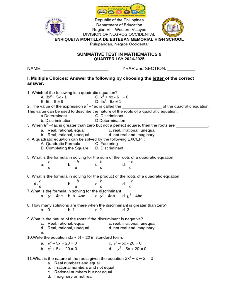 Math 9 Q1 - 2 Discriminant | PDF | Quadratic Equation | Real Number