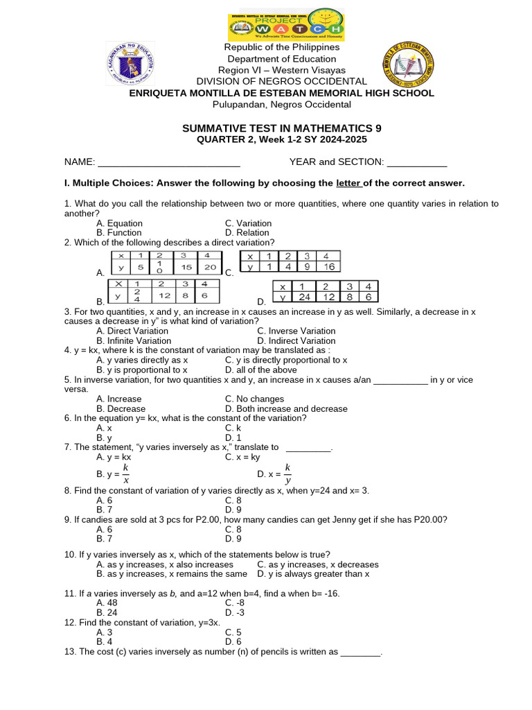 Q2 - Summative Test 1 Variation | PDF | Mathematics