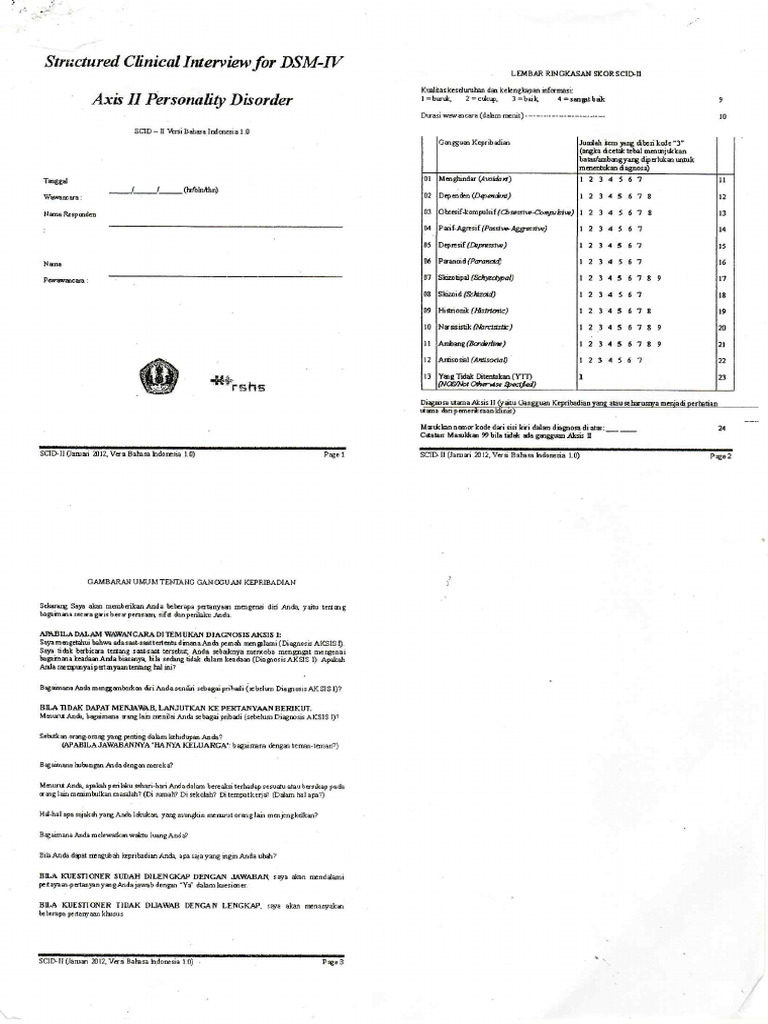 Structured Clinical Interview For DSM-IV (SCID) | PDF