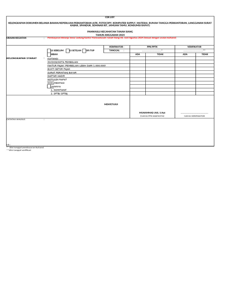 Form Verifikasi SPJ Update - Oprasional Dan Ls 2024 | PDF