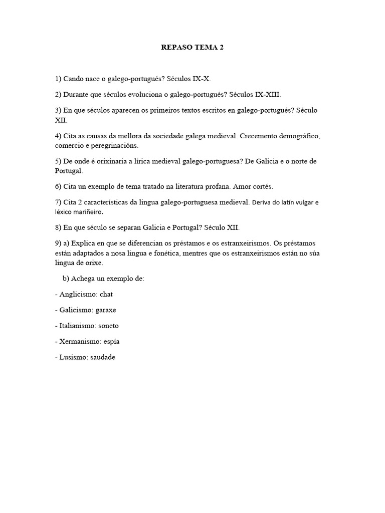 Repaso Tema 2 Gallego 3 Eso | PDF