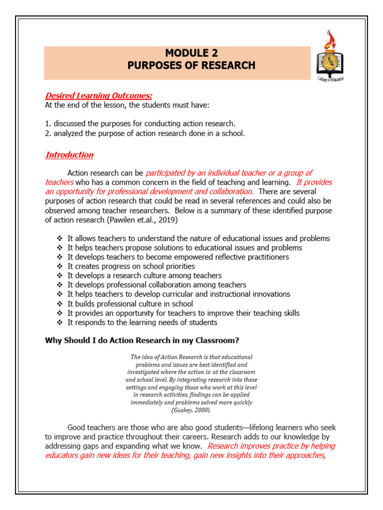 Module 2 Handout Purposes of Action Research | PDF | Teachers | Learning