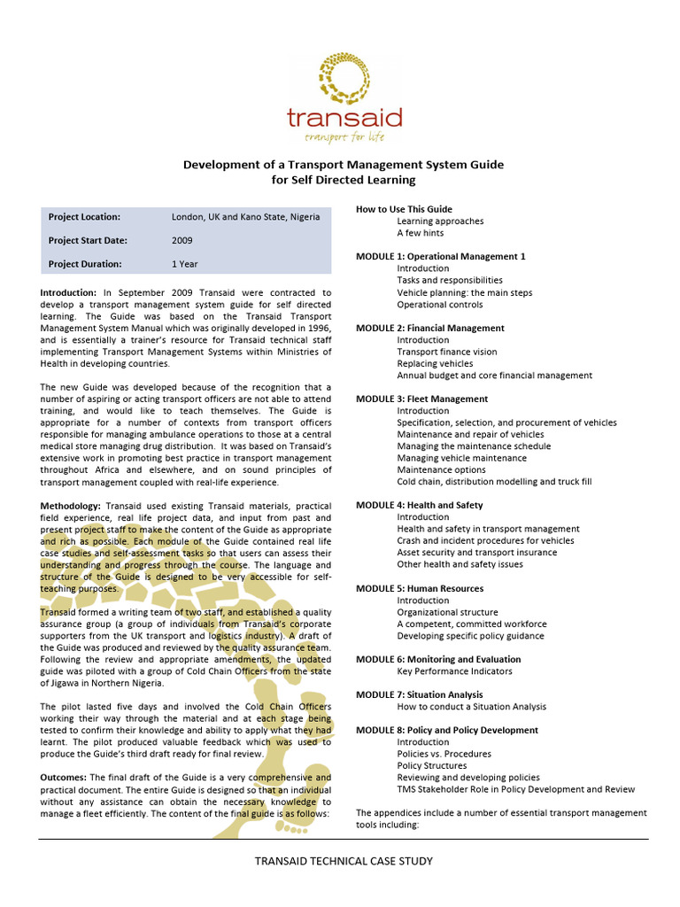 14 Transaid Technical Case Study Development of The Fleet Management Self Teaching Guide | PDF ...