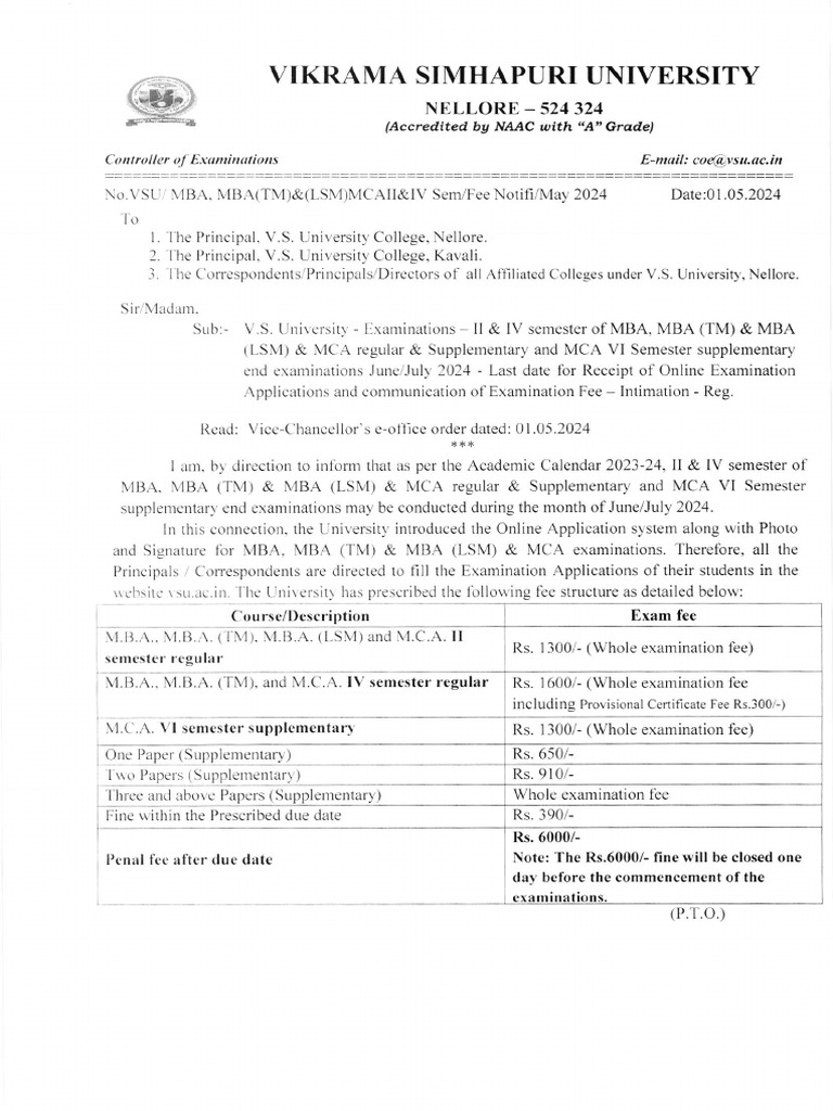 Fee Notification-MBA&MCA II&IV Semester Examinations June 2024001 | PDF