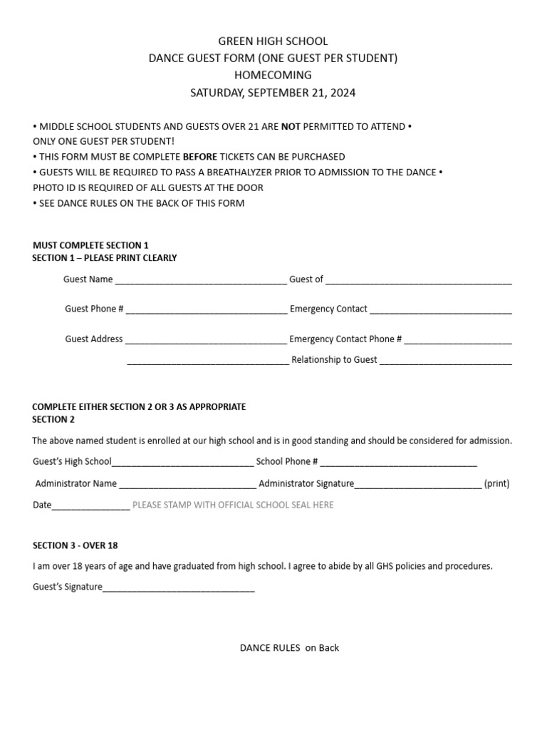 Dance Guest Form Hoco 24 | PDF