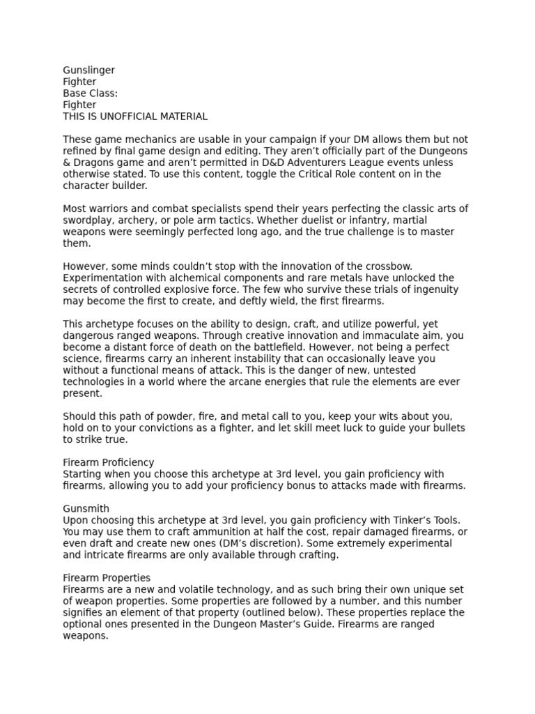 Gunslinger Fighter Archetype Guide | PDF | Firearms | Dungeons & Dragons