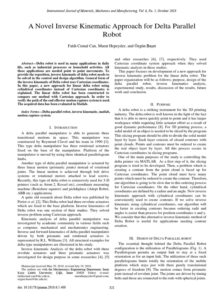 A Novel Inverse Kinematic Approach For Delta Parallel Robot Pdf