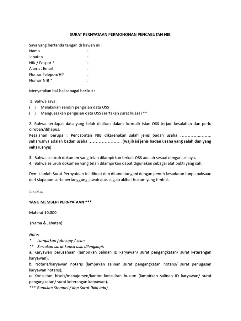 Pencabutan NIB: Surat Pernyataan Resmi | PDF | Karier & Perkembangan ...